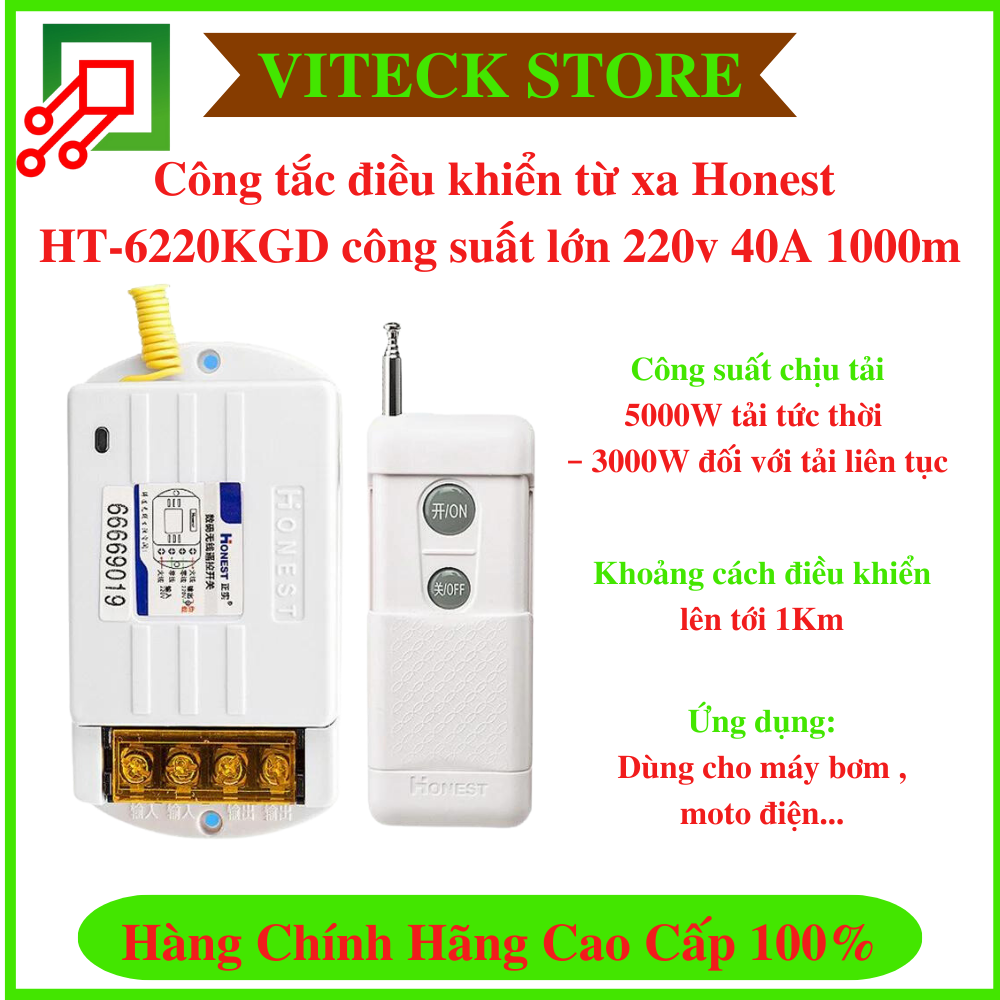 Công Tắc Điều Khiển Từ Xa 1000m Honest HT-6220KGD 40A/220V Công suất lớn - Dùng cho máy bơm ...